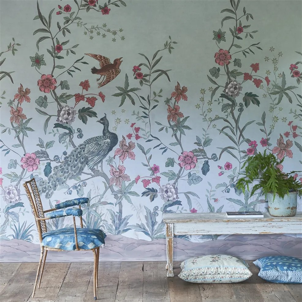 Peacock Toile Scene 2 Wallpaper - Sky Blue | John Derian Picture Book ...